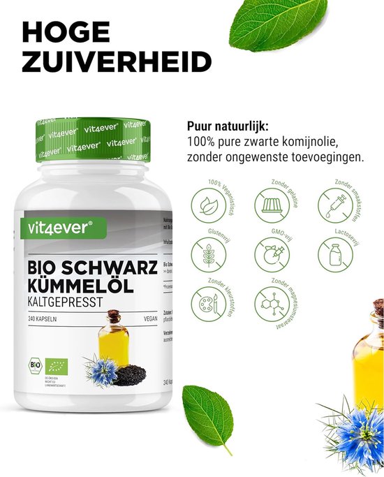 Biologische zwarte komijnolie - 240 veganistische capsules - hoge ...