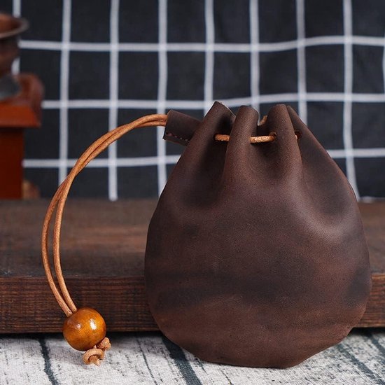 Vintage lederen portemonnee met trekkoord - geld munt zakje voor man en ...