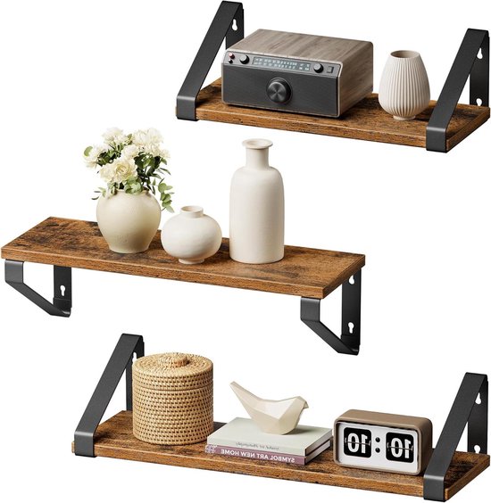 Zwevende Wandplank - Industrieel Ontwerp - Set van 3 - Vintage Kleur - Hout | bol