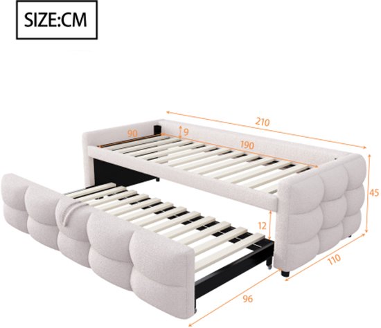 Gestoffeerd bed, uitschuifbare slaapbank 90/180*190cm, poefbed, teddy ...