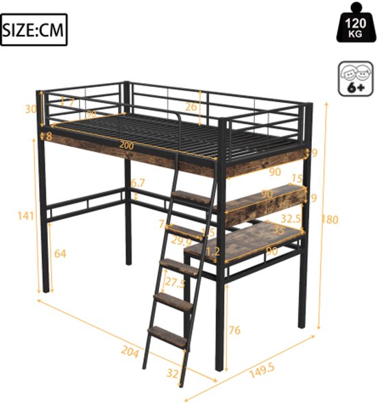 Hoogslaper, 90*200cm, Zonder matras, bed met bureau, planken, leuning ...