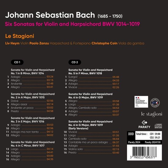 Liv Heym, Paolo Zanzu & Christophe Coin - Bach: Six Sonatas For Violin ...