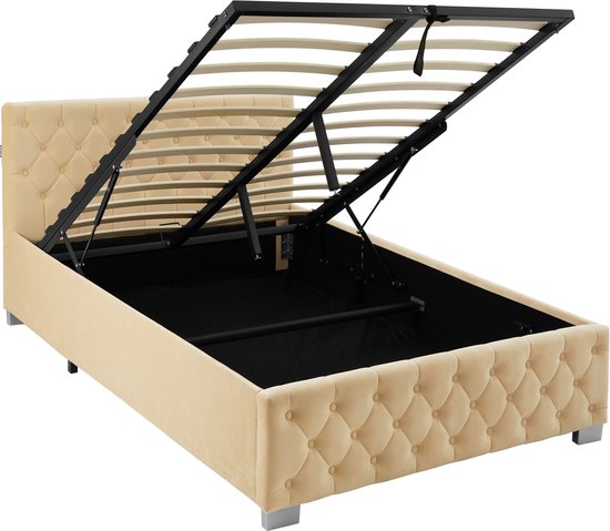 tectake® Gestoffeerd bed met lattenbodem - 120 x 200 cm - Beige ...