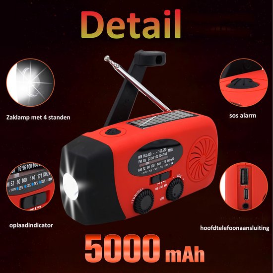 NovaWare Noodradio Solar Opwindbaar - Powerbank 5000mAh - FM/AM | bol