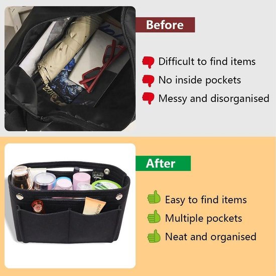 Organiser Inner Pocket for Handbags with Multiple Compartments (Black ...