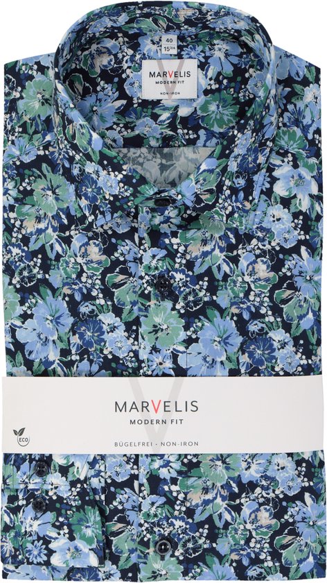 MARVELIS modern fit overhemd - popeline - groen dessin - Strijkvrij ...