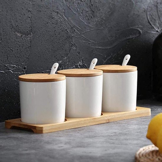 Ceramic Condiment Containers Jars With Spoon Bamboo Containers With ...