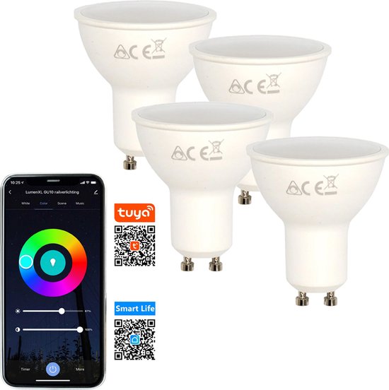 Set van 4 GU10 slimme dimbare RGB en CCT LED lampen, 4,9W | bol
