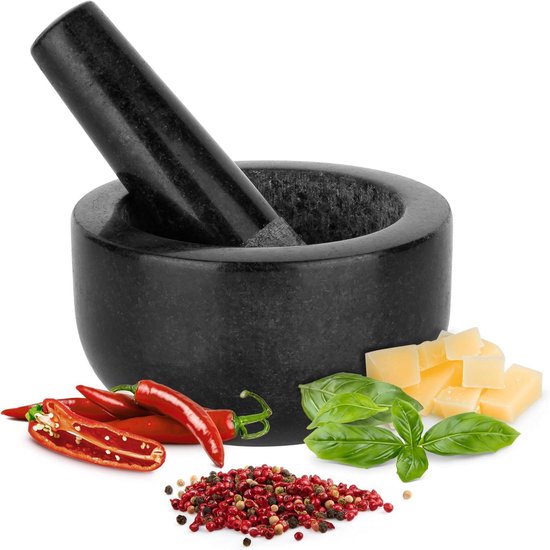 Vijzel met stamper - Pesto vijzel - 1 stuk - Zwart - Graniet - 12 cm | bol