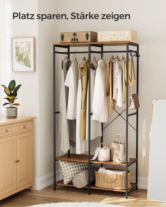 FURNIBELLA-Open Kledingkast met Vintage Bruine Kledingroede – Stijlvol ...