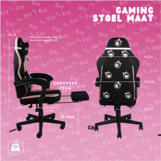 Hello Kitty Gaming Bureaustoel Zwart Roze - Verstelbare Rugleuning 150° - Met... | bol