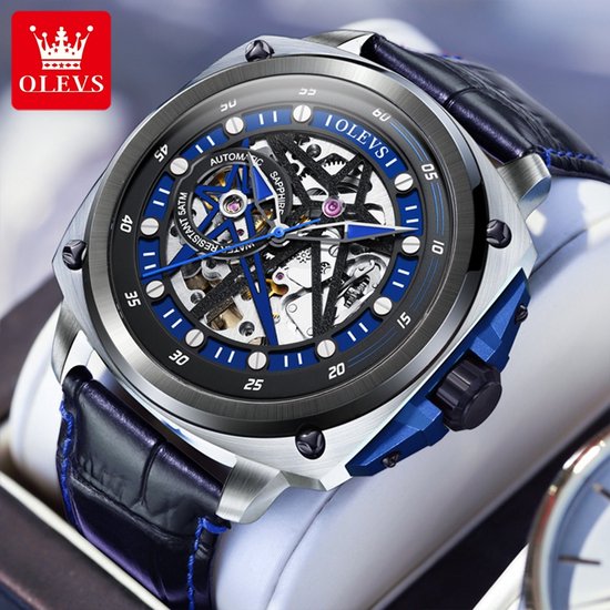 HO-6682.bl : OLEVS blauw/zwart Gemini Square, dubbele ster Skeleton ...