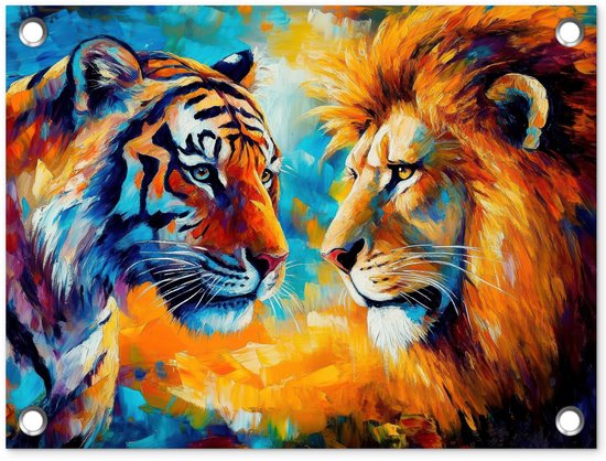 Tuinposter 40x30 cm - Tuindecoratie Dieren - Kunst - Leeuw - Tijger - Poster voor in... | bol