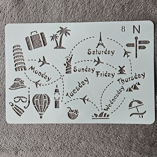 Travel, A5+ hobby stencil, kaarten maken, scrapbooking, herbruikbaar ...