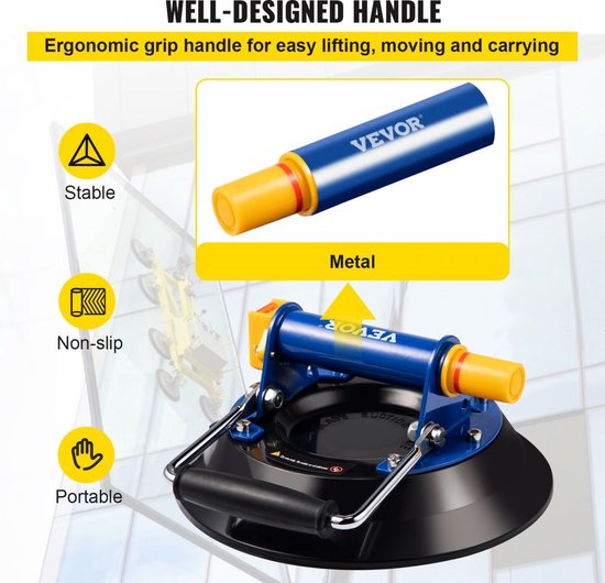 Vacuümzuignap, 12 inch Hand-held Zuignap, 220 lbs Laadvermogen Glazen ...
