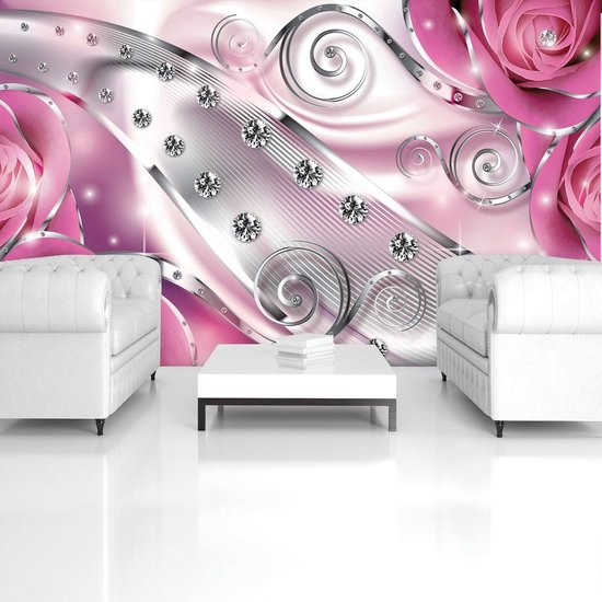 Fotobehang - Vlies Behang - Luxe Edelstenen, Diamanten en Rozen - Roze ...