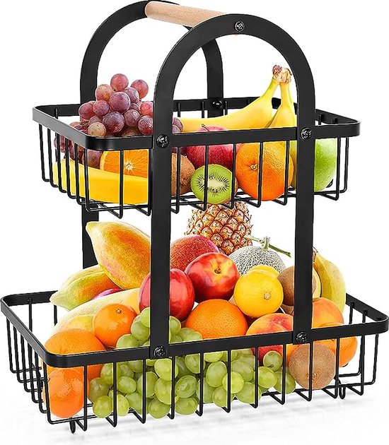 iBright Fruitschaal Etagere 2 Lagen - Fruitmand Zwart Metaal ...