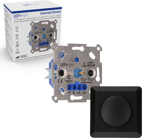Premium Universal Dimmer 250W - Inbouw, 2-Draads, Zwart Afdekraam ...