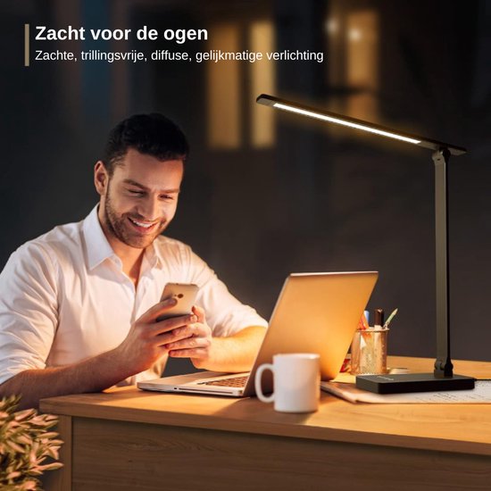 Bureaulamp, led-tafellamp, dimbaar, bedlampje 655 lumen, 3 kleuren en 5 ...