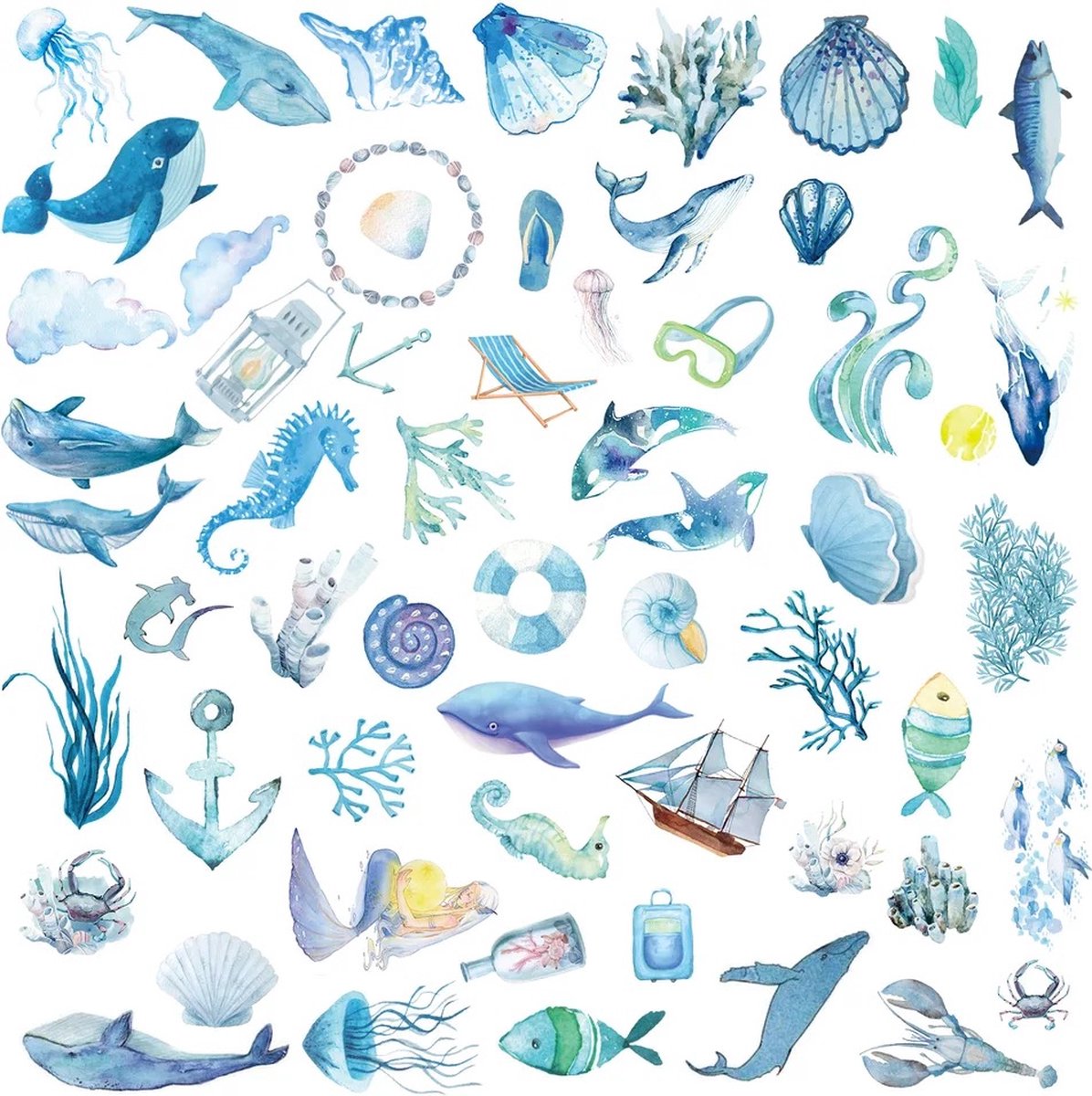 Oceaan Stickers 50 Stuks | Aquarel Stickers | Schelpen | Vissen ...