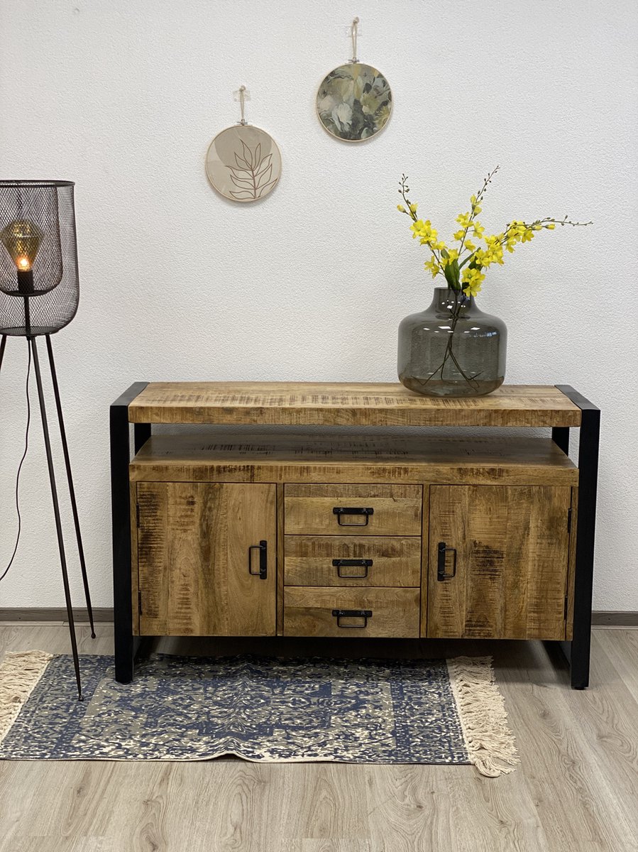 Kast half hoog Britt dressoir 3 lades mangohout industrieel | bol
