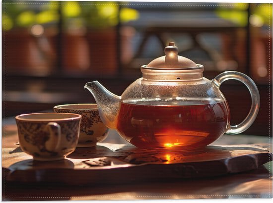 Vlag - Thee - Drinken - Theepot - Kopjes - 40x30 cm Foto op Polyester ...