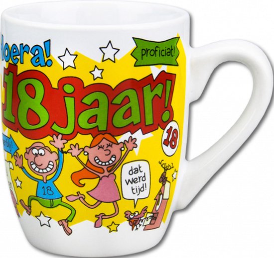 Mok - Snoep - Hoera 18 jaar - Cartoon - In cadeauverpakking met ...