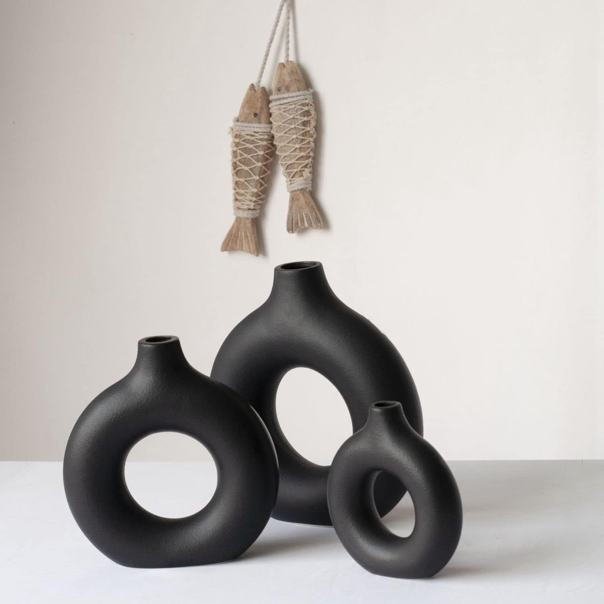 Vaas voor pampasgras, keramische vaas, zwarte donutvaas, ronde vorm ...