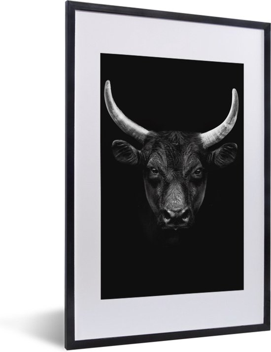Fotolijst incl. Poster - Dieren - Stier - Zwart - Wit - Portret - 40x60 ...