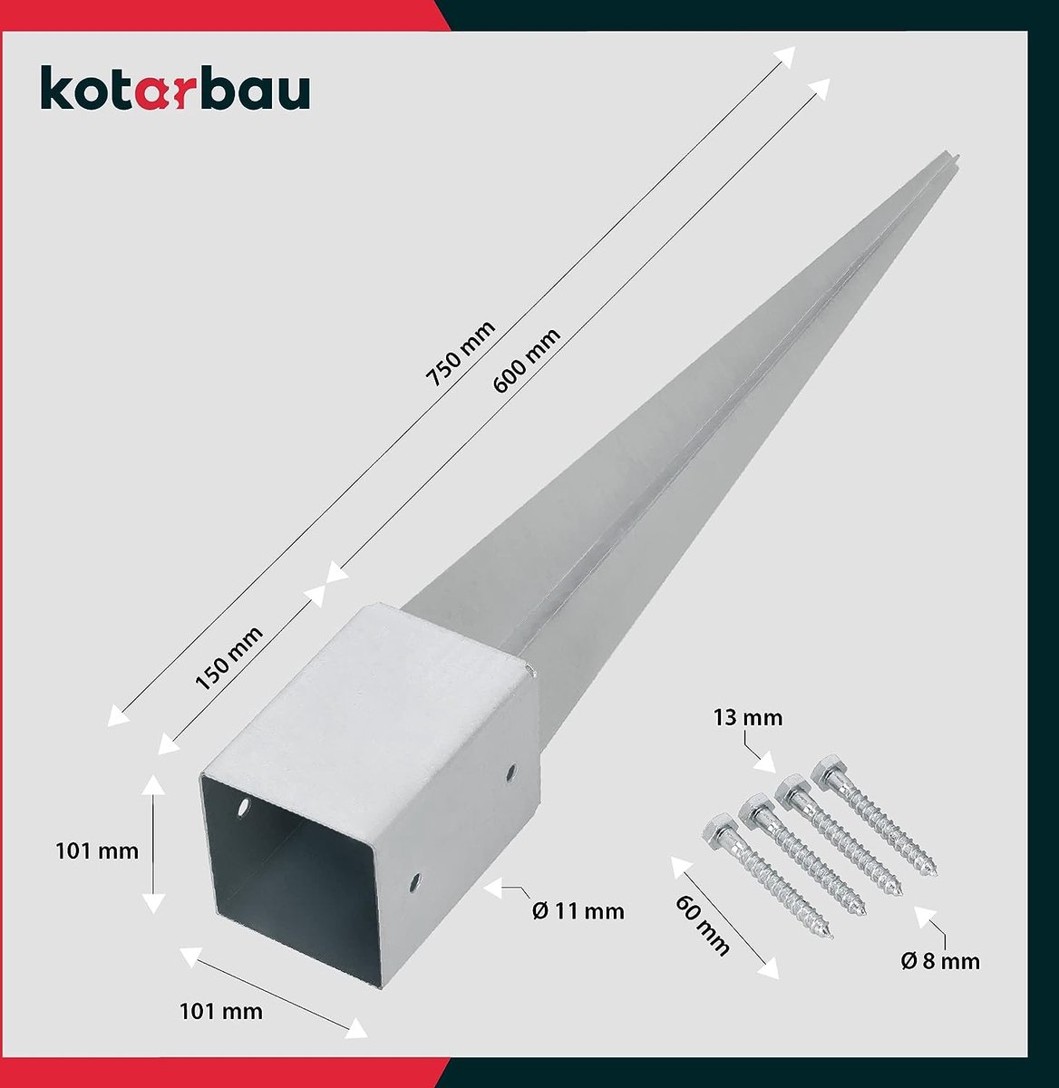 Grondanker van 60 x 60 x 750 mm, paaldrager, thermisch verzinkte ...