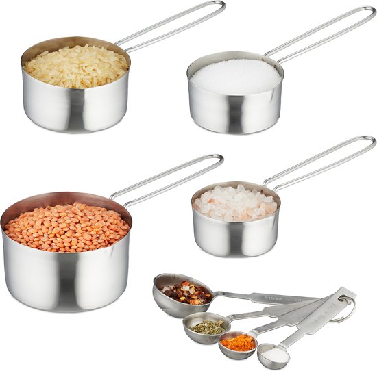 maatlepel set - 8-delig - rvs - us-maten en ml - met handgrepen | bol