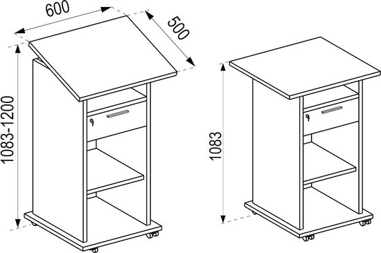 VCM Houten lessenaar Mobiele lessenaar Statafel op wielen Lade Melta ...
