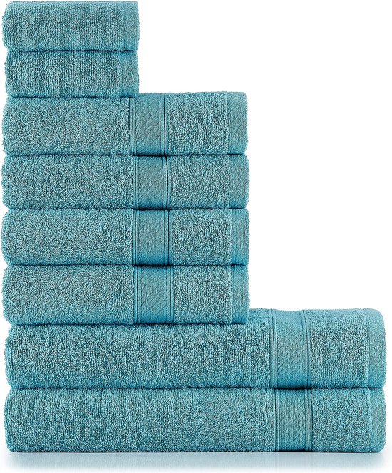Handdoekenset turquoise met hangers katoen - 2 badhanddoeken (70 x 140 ...