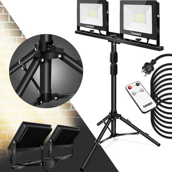 MASKO® LED Bouwlamp op statief 2x 50W - Buitenlamp 6500K met ...