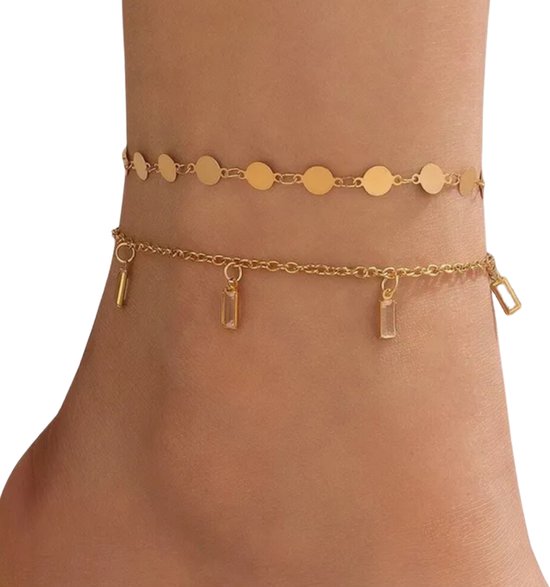 Set van 2 Enkelbandjes - Goudkleurig - 2 Stuks - Diamantjes & Rondjes ...