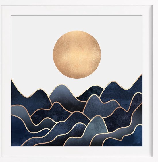 JUNIQE - Poster in premium houten lijst Waves -30x30 /Blauw & Oranje | bol