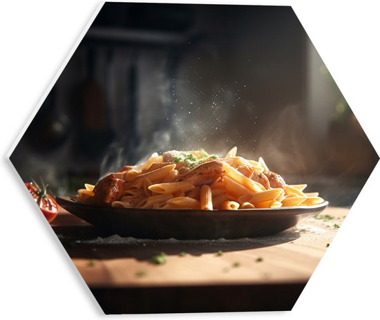 PVC Schuimplaat Hexagon - Eten - Pasta - Tafel - Bord - Tomaat - Kaas ...