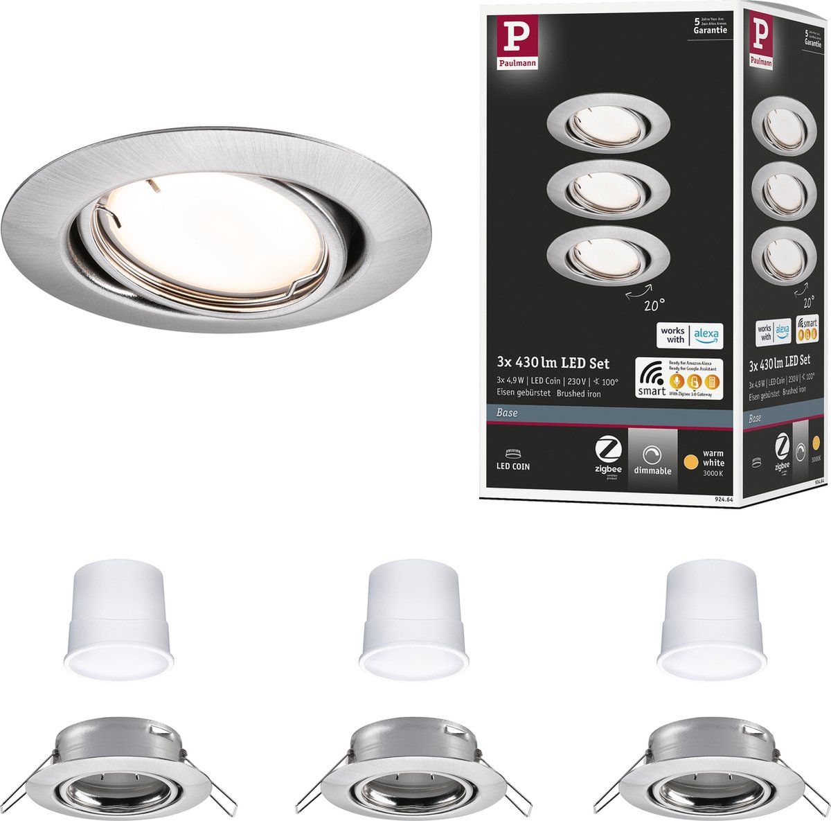 Paulmann Base inbouwspot - chrome mat - Set van 3 - Zigbee - Coin ...