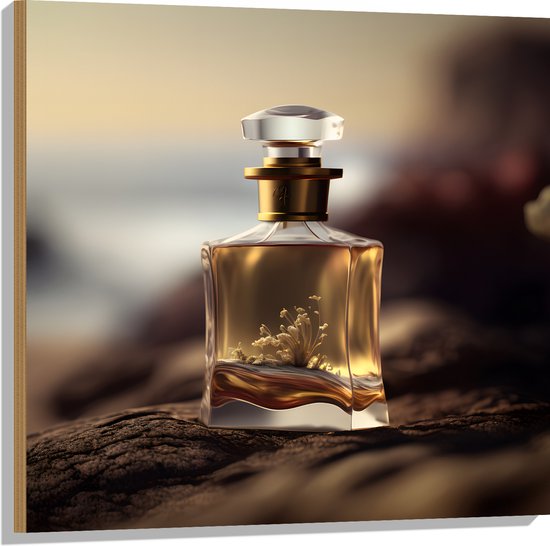 Hout - Flesje - Parfum - Bloemetjes - 80x80 cm - 9 mm dik - Foto op ...