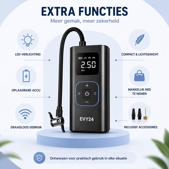 Evy24 Elektrische Bandenpomp - Draadloze Mini Compressor - Auto - Fiets ...