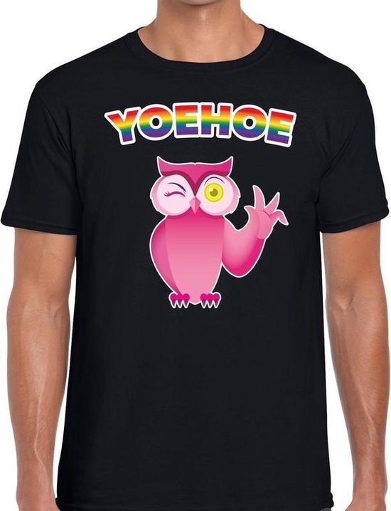 Yoehoe gay pride knipogende roze uil t-shirt - zwart shirt met yoehoe ...