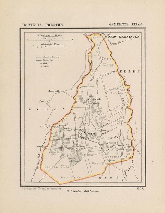 Historische kaart, plattegrond van gemeente Peize in Drenthe uit 1867 ...