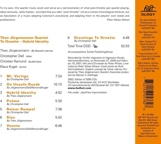 Theo Jörgensmann Quartet - To Ornette, Mr. Vertigo (CD), Theo Jorgensmann | Muziek | bol.com