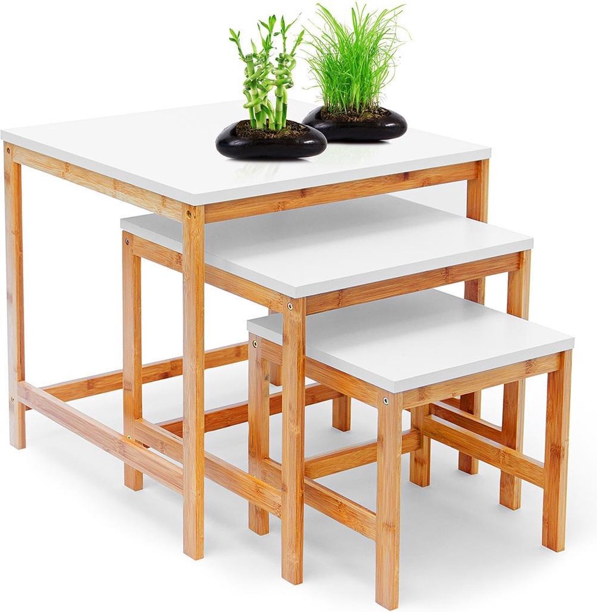 relaxdays 3x tafel bamboe hout - Houten bijzettafel set - 3 hoogtes ...