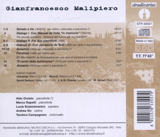 Malipiero: Chamber Music, Aldo Orvieto & Marco Rapetti Piano | Muziek | bol