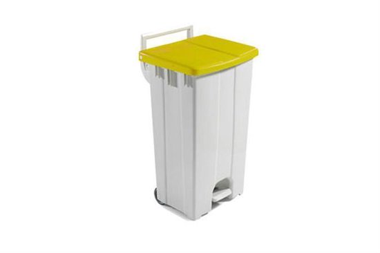 Afvalcontainer wit met groene deksel en met pedaal - 90 l op wielen ...