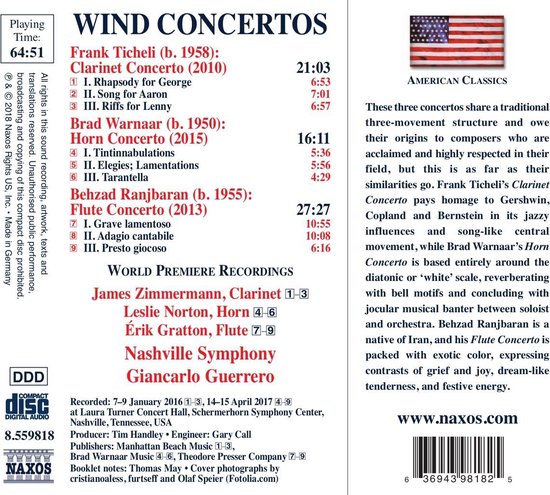 Frank Ticheli / Brad Warnaar / Behzad Ranjbaran: Wind Concertos ...
