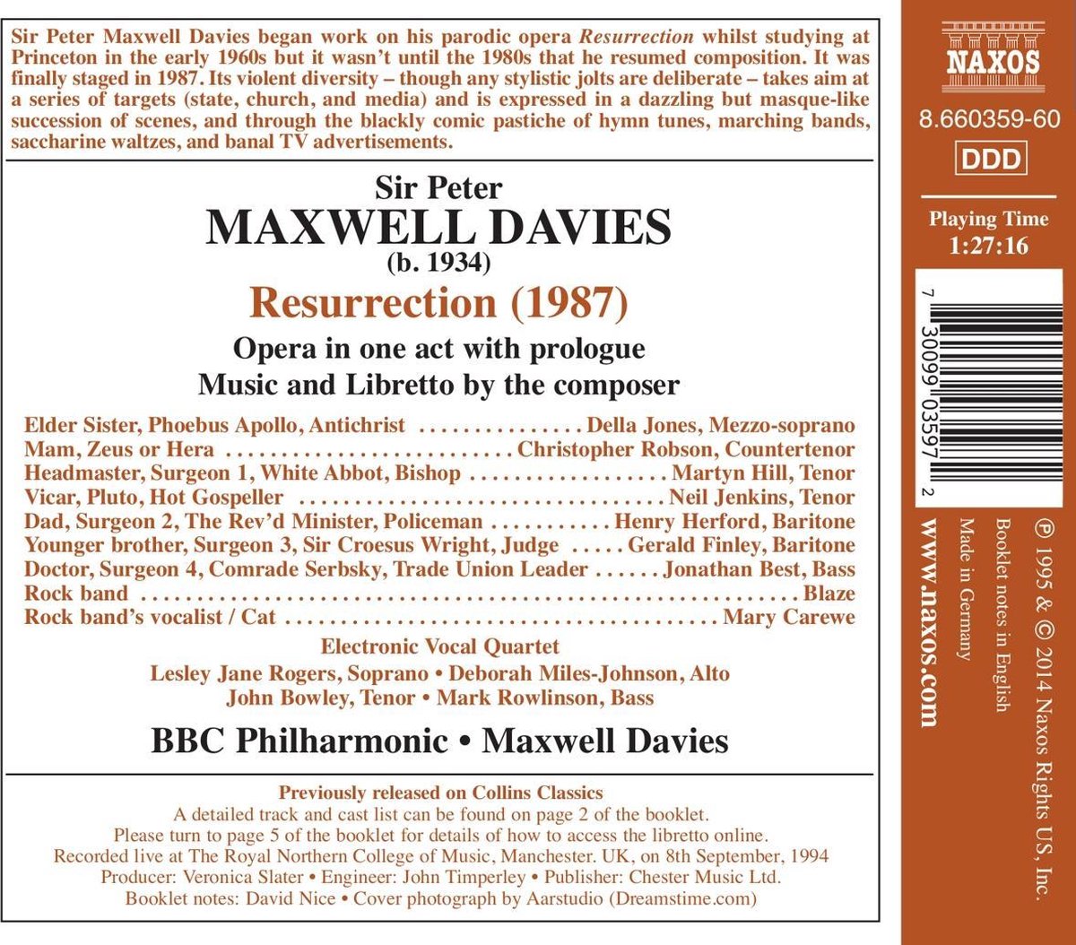 Maxwell Daviesresurrection, Lesley Jane Rogers | CD (album) | Muziek ...