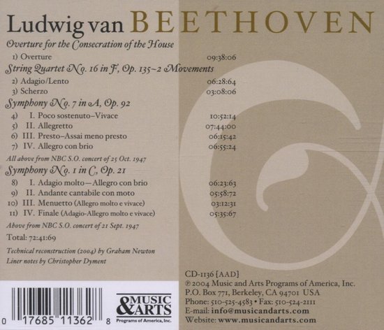NBC Symphony Orchestra - Beethoven: Symphonies Nos. 1 And 7/Quartet Op ...