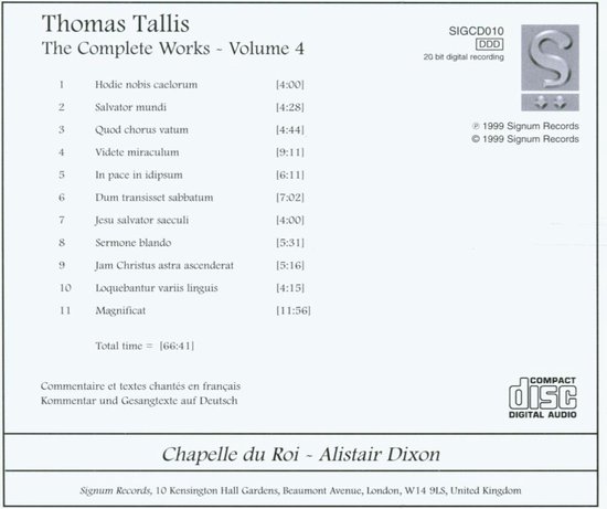 Tallis: Complete Works Vol 4 / Dixon, Chapelle du Roi, Chapelle Du Roi ...